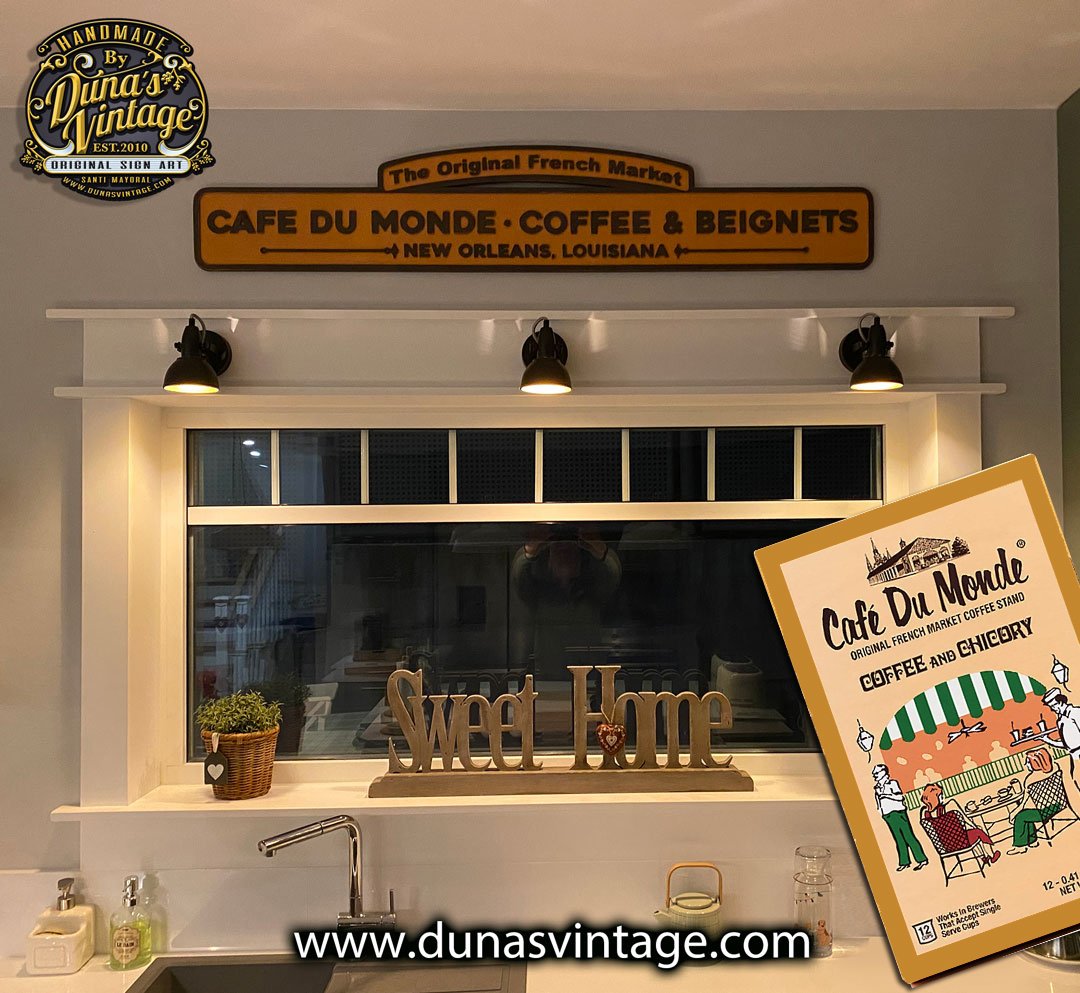 Cartel de Madera CAFE DU MONDE BEIGNETS, New Orleans - Dunas vintage