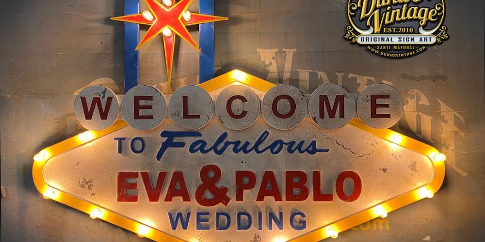 Cartel de Madera Welcome EVA&PABLO Wedding (LUGO) - Dunas vintage